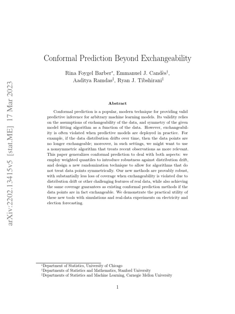 2023 - Barber Et Al - Conformal Prediction Beyond Exchangeability | PDF 2023 - Barber Et Al - Conformal Prediction Beyond Exchangeability | PDF