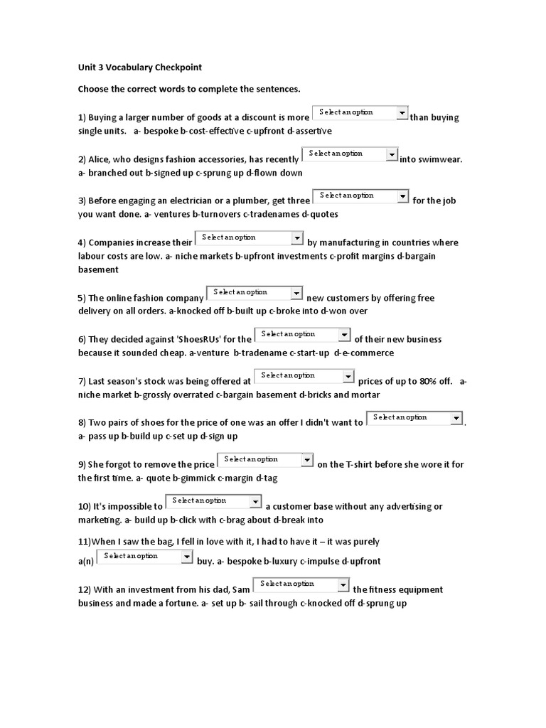 Unit 3 Vocabulary Checkpoint | PDF | Business | Art