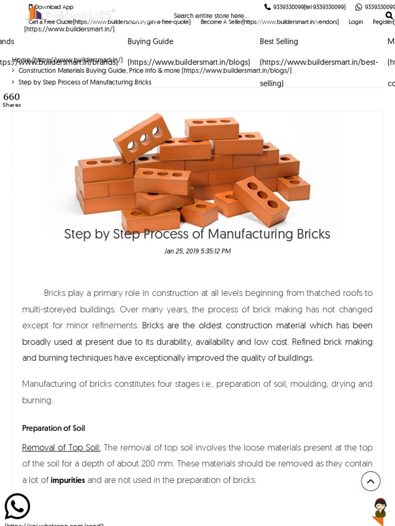 Step by Step Process of Manufacturing Bricks: Shares | PDF | Brick | Soil
