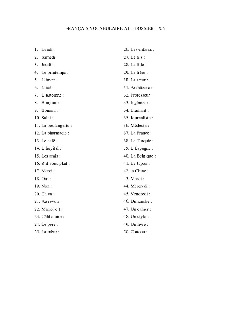 FRANÇAIS VOCABULAIRE A1 | PDF