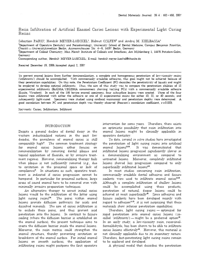 Resin Infiltration of Artificial Enamel Caries Lesions With ...