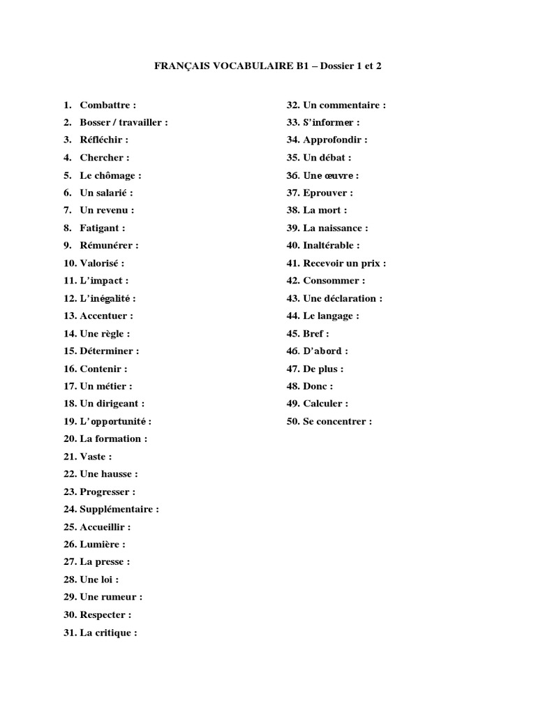Vocabulaire Français B1 - Dossier 1 et 2 | PDF | Études des langues ...