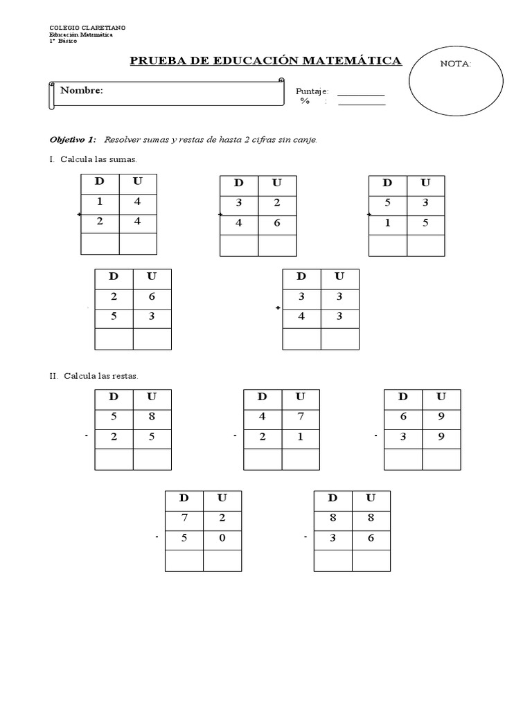 Prueba Matematica, Sumasyrestas, 1ro Basico | PDF