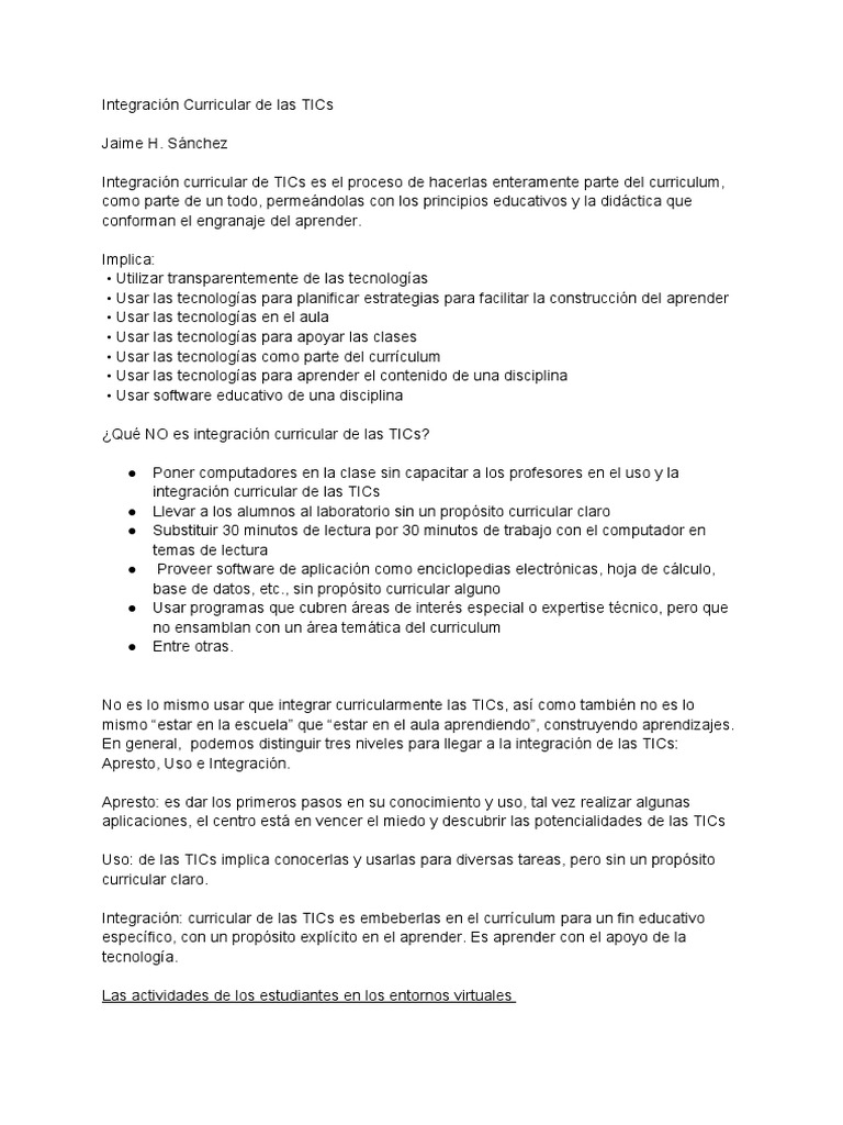 Integración Curricular De Las Tics Descargar Gratis Pdf Plan De