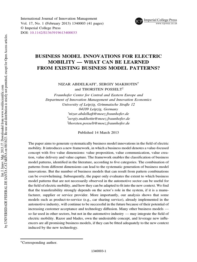 Business Model Innovations For Electric Mobility From Existing Business Model Patterns? | PDF