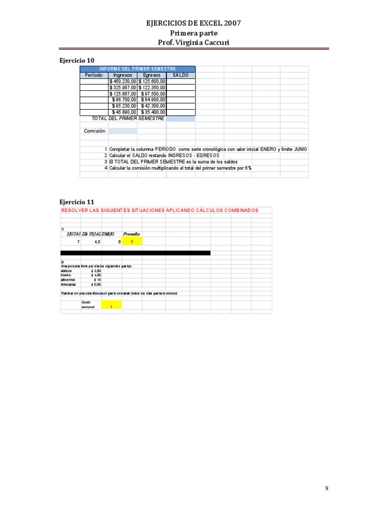 EJERCICIOS de EXCEL 2007 Ejercicios de Excel 2007 Primera Parte | PDF