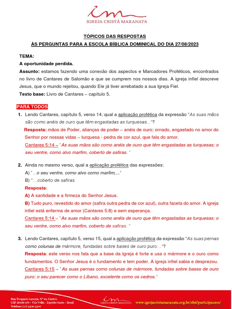 Tópicos Das Respostas Às Perguntas para A Escola Bíblica Dominical Do ...