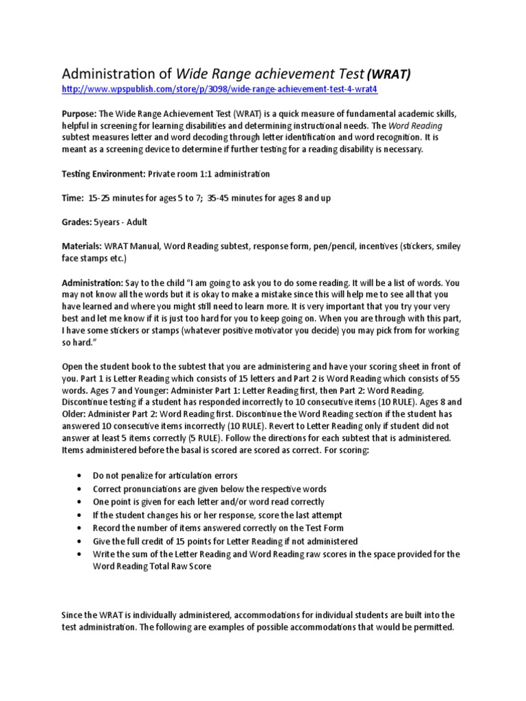4.07 WRAT Phonics Admin F | PDF