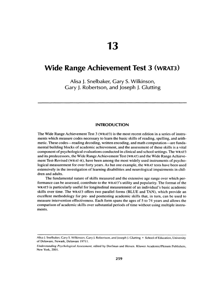 Wide Range Achievement Test 3: Alisa J. Snelbaker, Gary S. Wilkinson ...