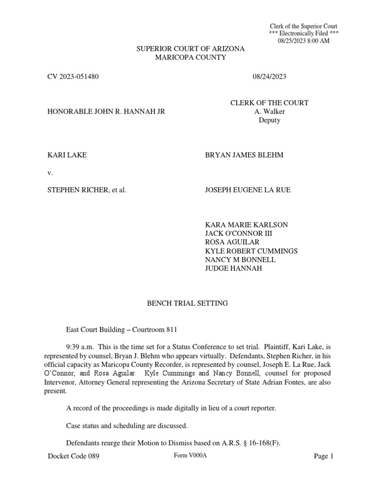 Kari Lake vs. Stephen Richer Trial Set | PDF | Courtroom | Deposition (Law)