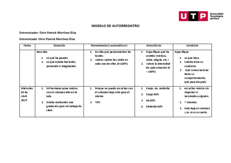 S03-Tarea. Modelo de Autoregistro | PDF | Ira | Experiencia subjetiva S03-Tarea. Modelo de Autoregistro | PDF | Ira | Experiencia subjetiva
