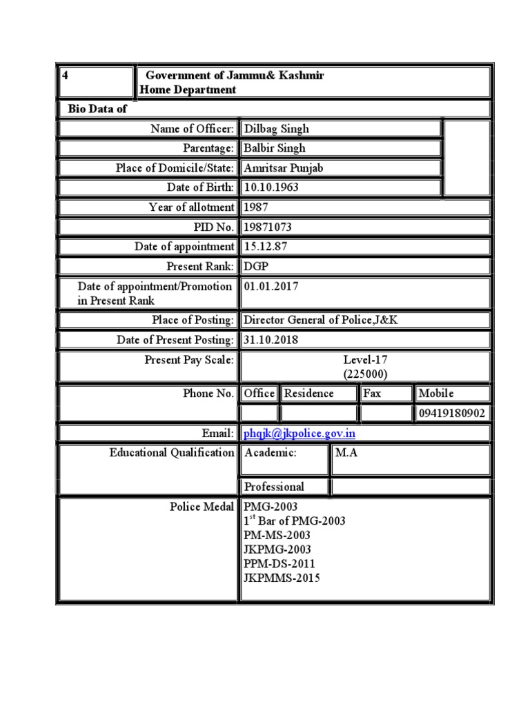 Dilbag Singh SB DGP Biodata | PDF