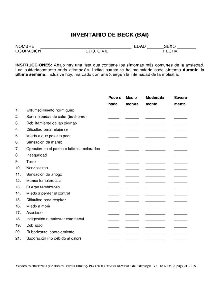 Inventario de Ansiedad de Beck (BAI) | PDF
