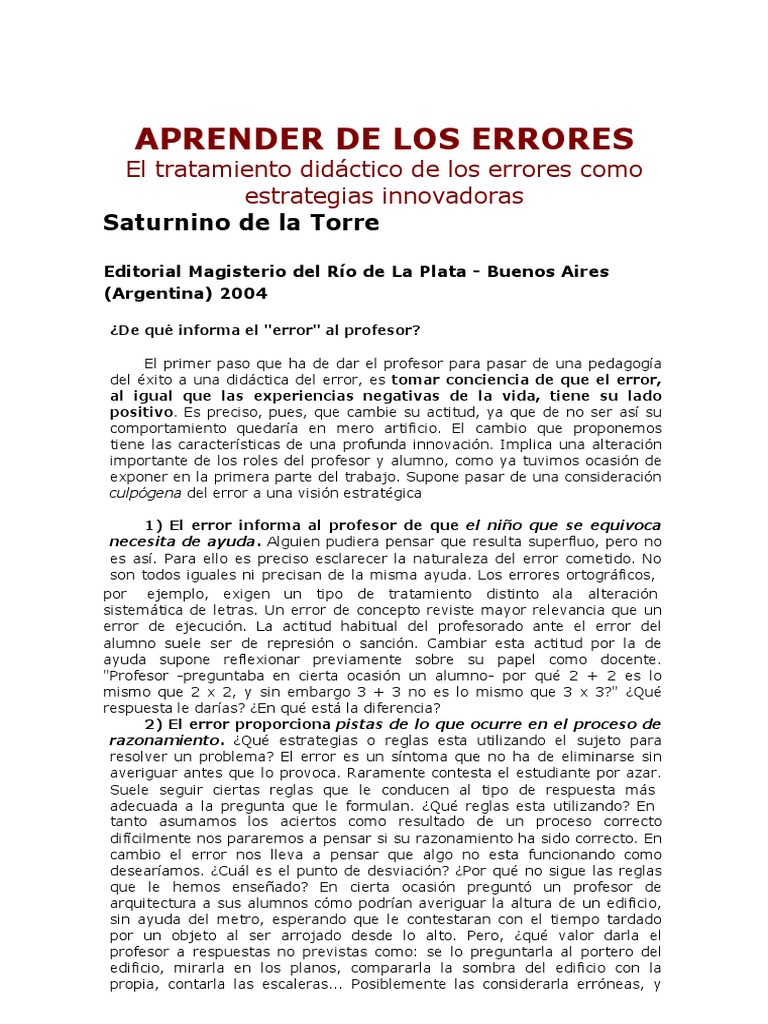 Aprender de Los Errores. El Tratamiento Didáctico de Los Errores Como ...