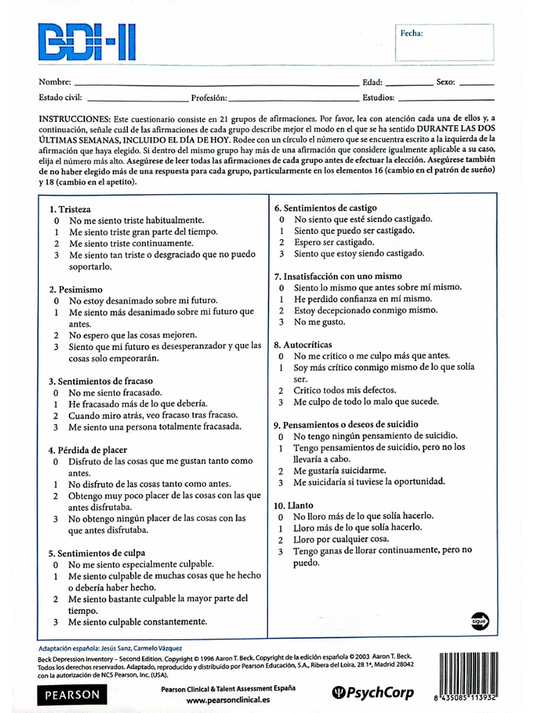 Inventario de Depresión de Beck BDI - LL | PDF