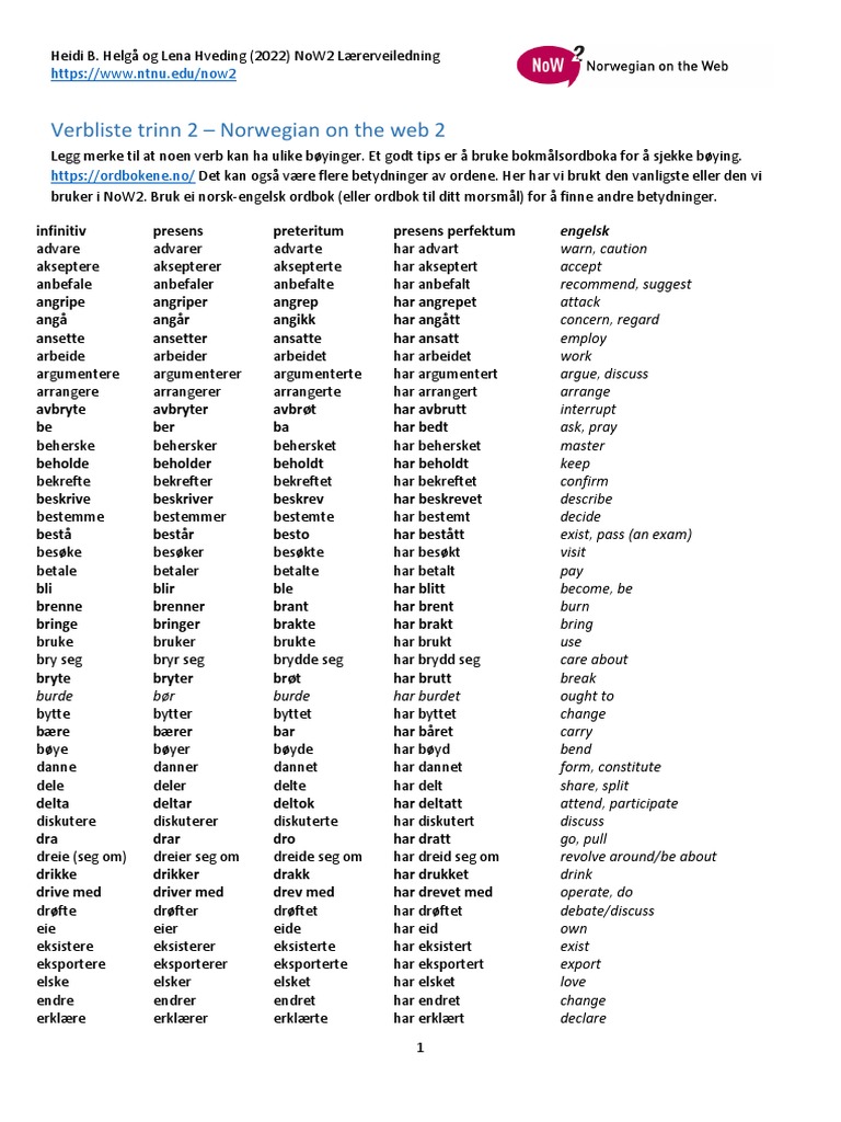 Verbliste Trinn 2 NOW2 | PDF