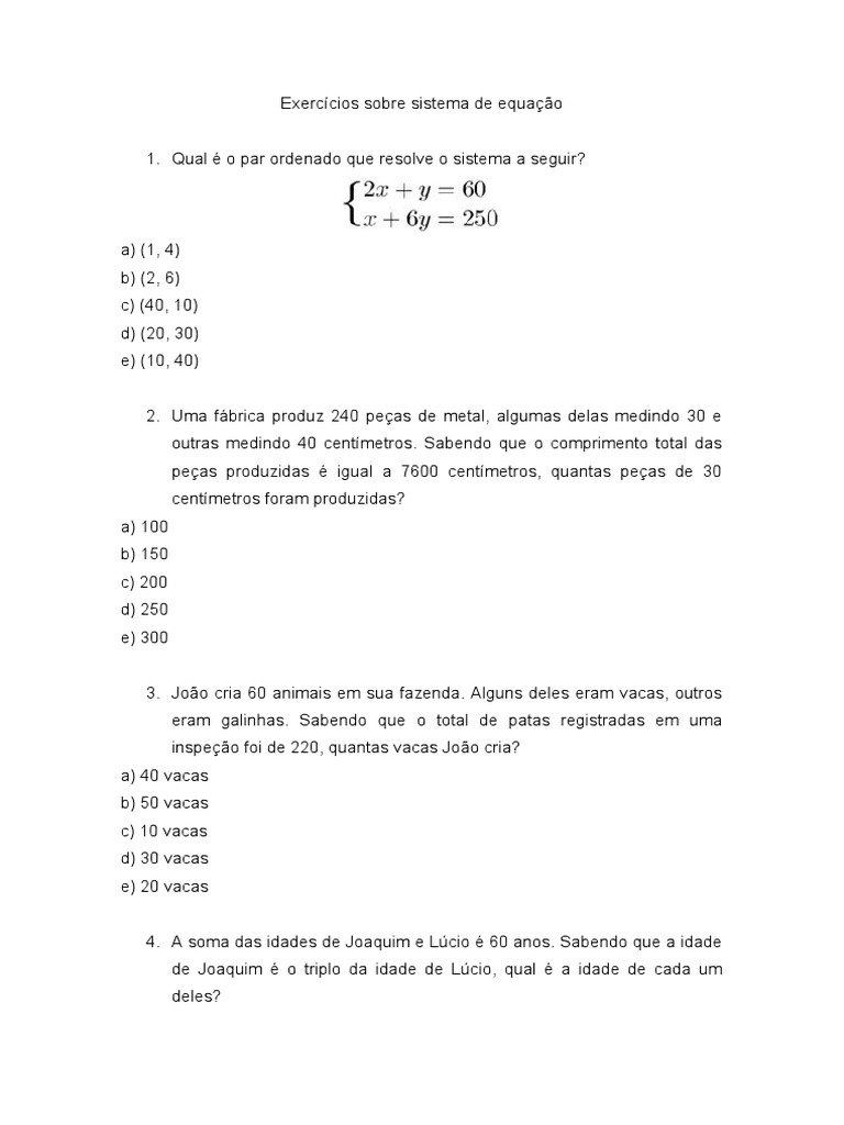 Exercícios Sobre Sistema De Equação Linear Pdf Gatos Cães