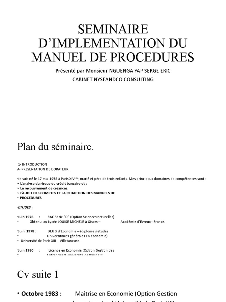 Seminaire D'implementation Du Manuel de Procedures 1 | Télécharger ...
