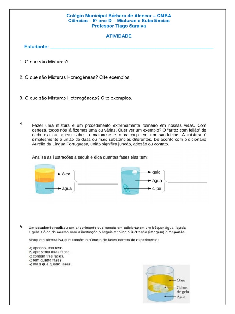 Atividade - 6º Ano - Misturas e Subst | PDF