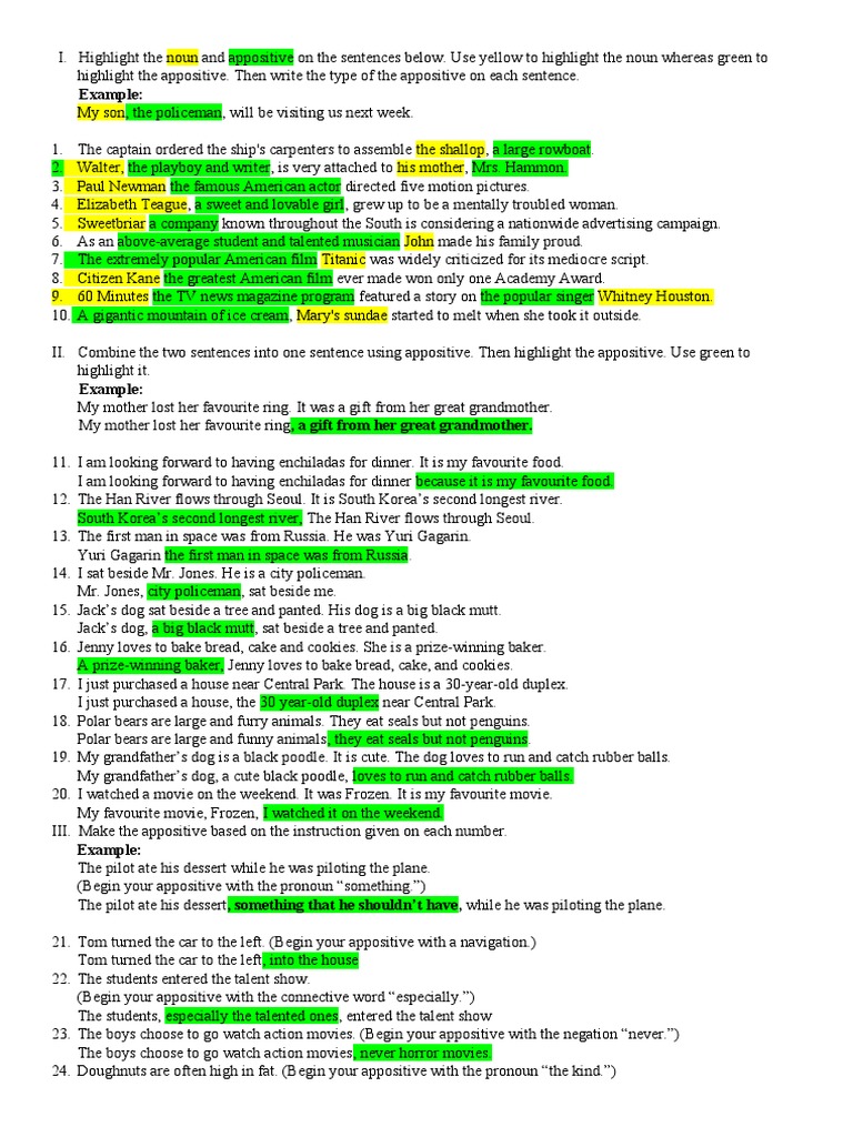 Exercise On Appositives (Homework) | PDF