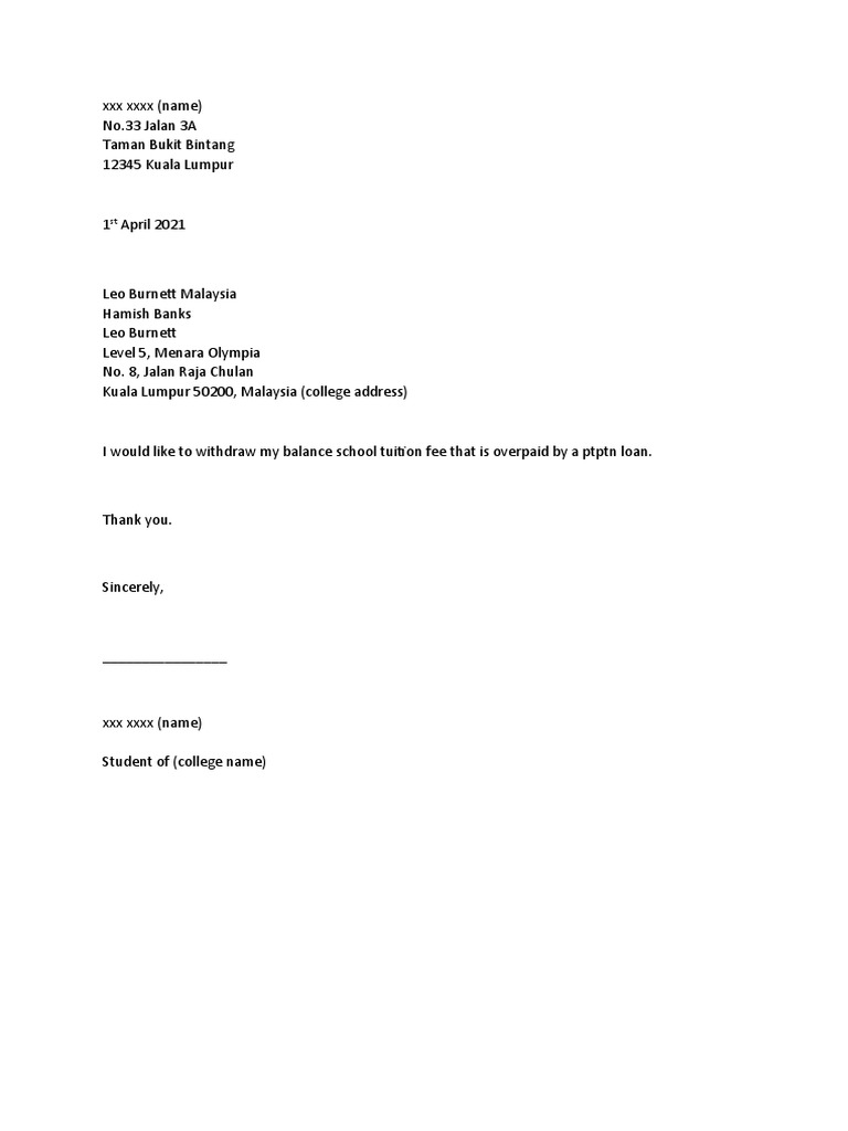 Letter to Withdraw Ptptn Loan That Are Overpaid to College | PDF