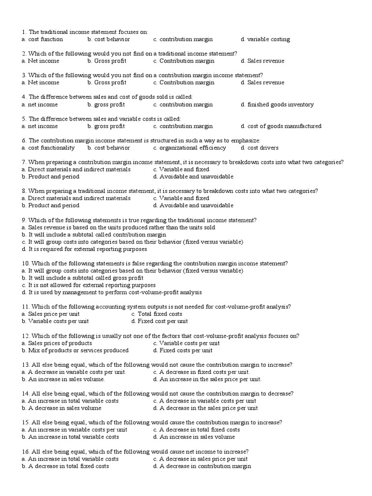 CVP Analysis Theory Quiz | PDF | Management Accounting | Money