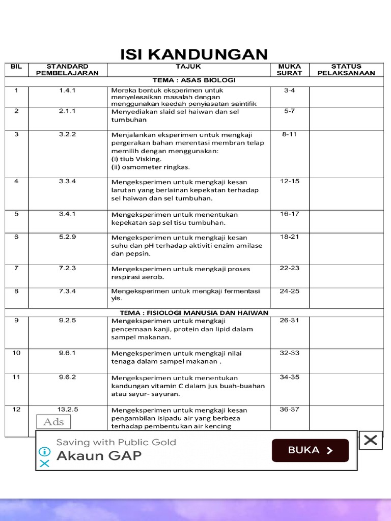 Modul Eksperimen Wajib Biologi KSSM Ting 4 | PDF