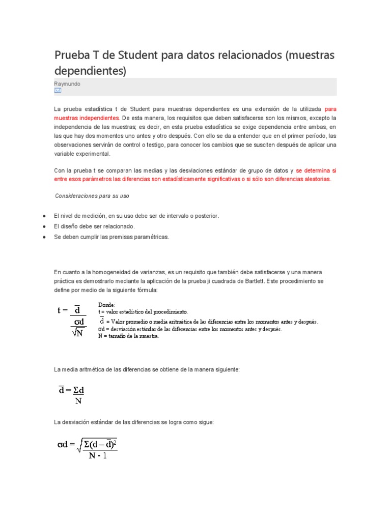 Prueba T de Student para Datos Relacionados | PDF