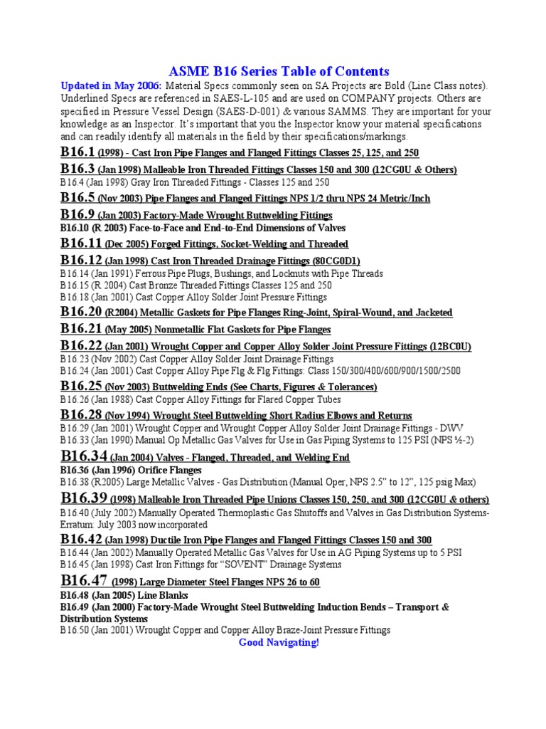 01-ASME B16 Series - READ ME - Table of Contents | PDF | Pipe (Fluid ...
