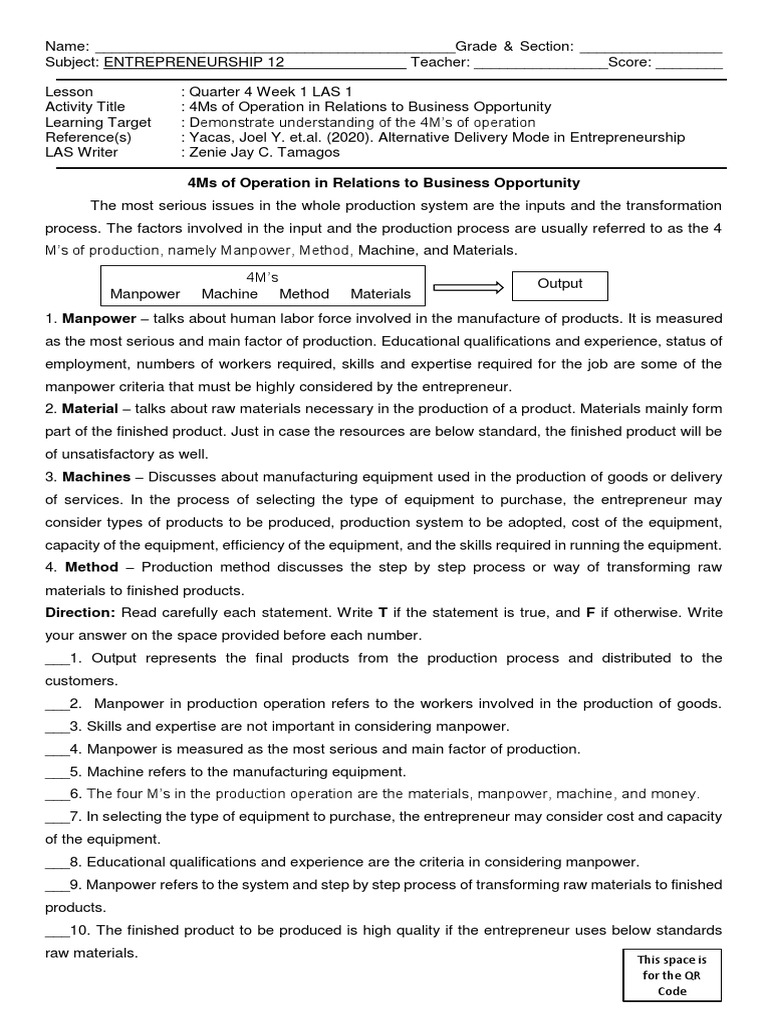 Entrep Week 1 LAS 1 - 071628 | PDF | Factors Of Production ...