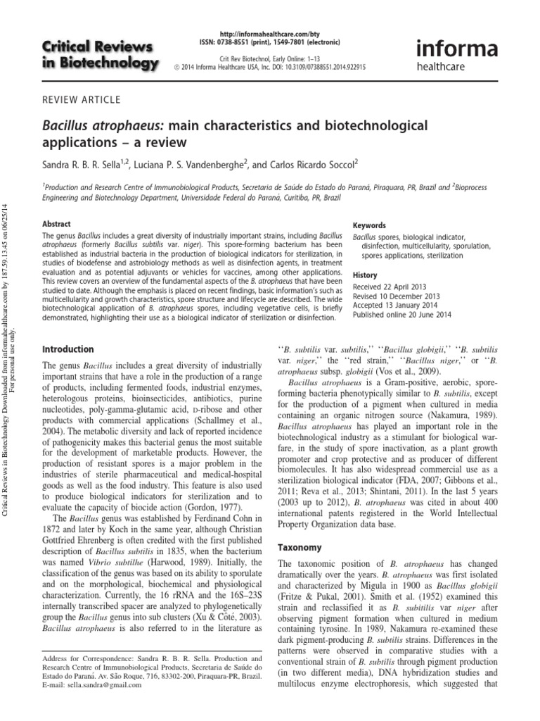 Bacillus Atrophaeus Main Characteristics | PDF