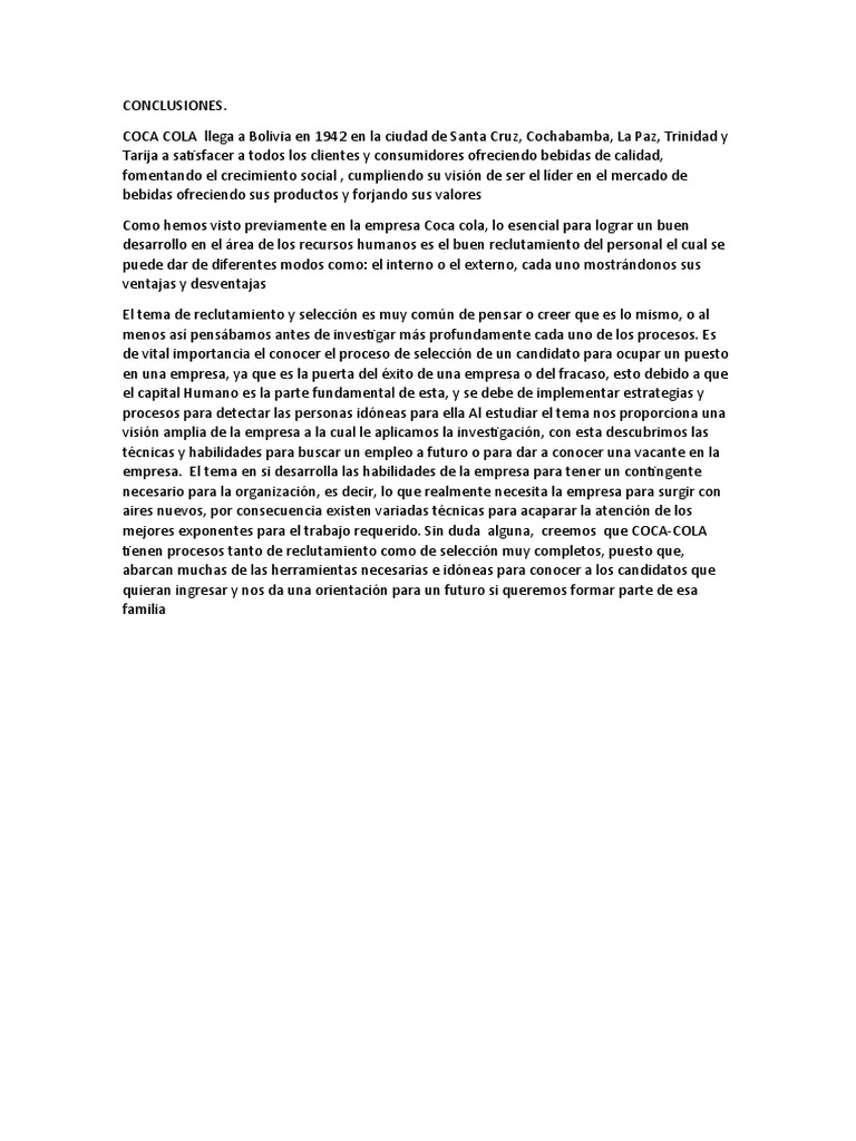 Conclusiones Coca Cola | PDF