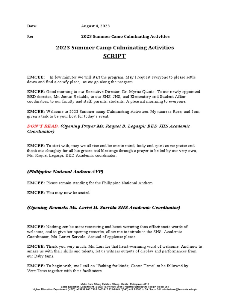 Summer Camp Script | PDF