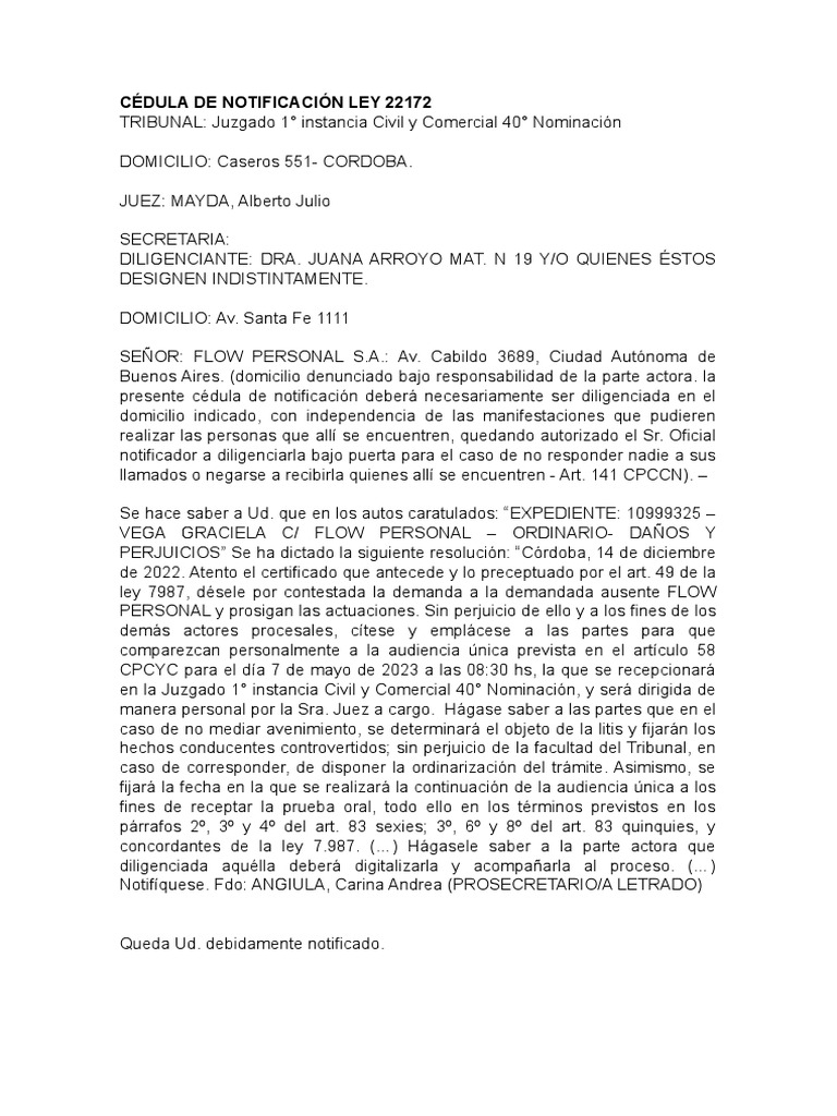 Cédula de Notificación Ley 22172 | PDF Cédula de Notificación Ley 22172 | PDF