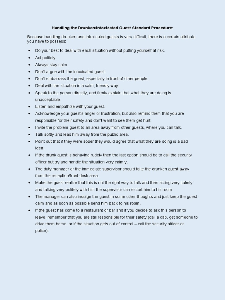 Handling Intoxicated Hotel Guests | PDF