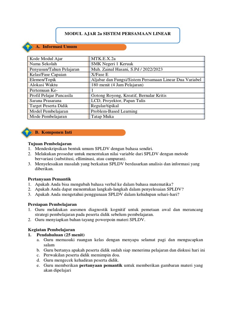Modul Ajar 2 Sistem Persamaan Linear | PDF