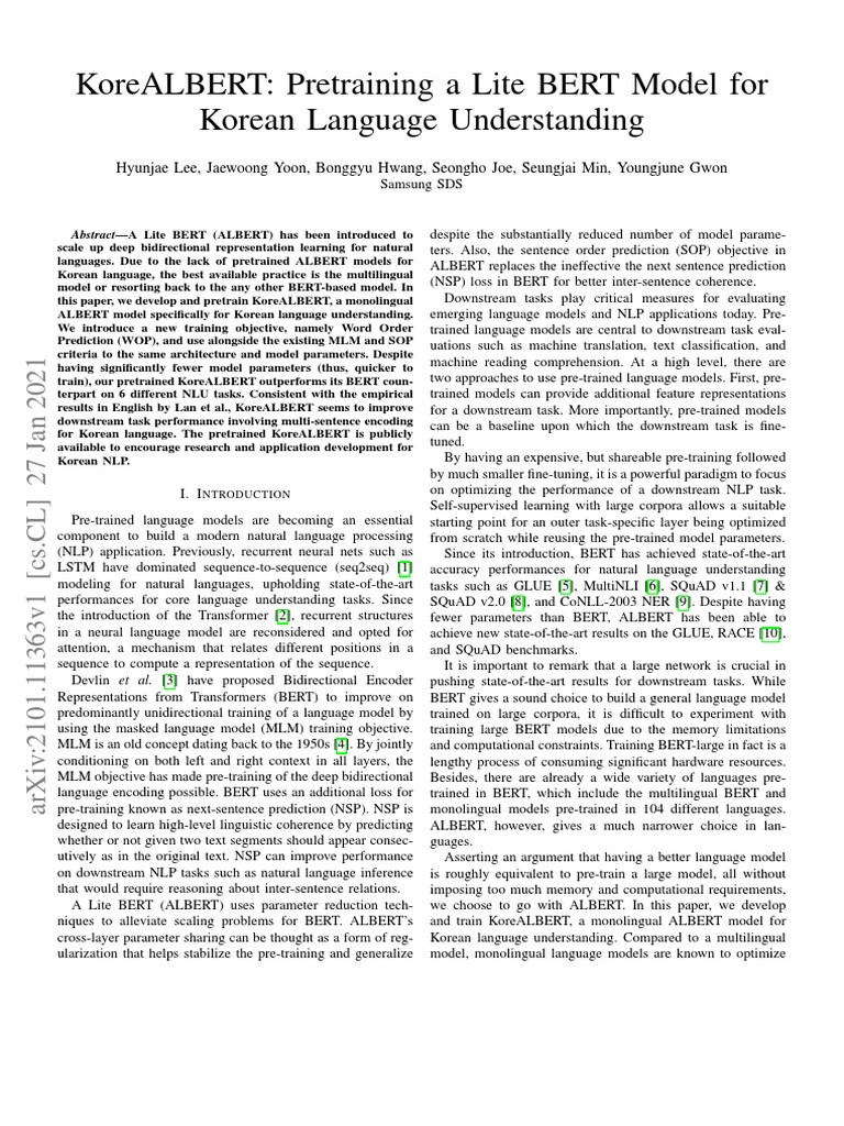 KoreALBERT - Pretraining A Lite BERT Model For Korean Language Understanding | PDF