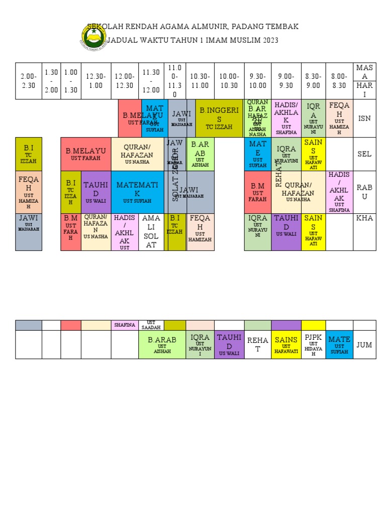 Jadual Sekolah Rendah Agama Almunir | PDF