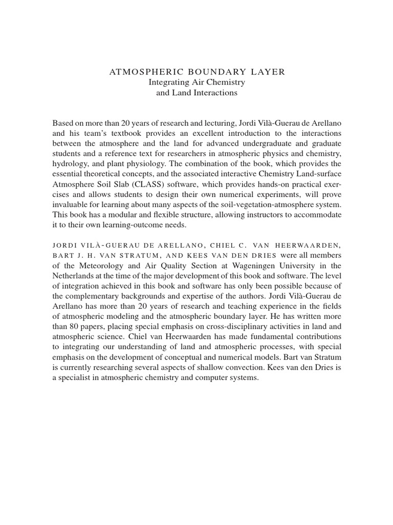Jordi Vilà Guerau - Atmospheric Boundary Layer - Integrating Air Chemistry Land Interactions | PDF