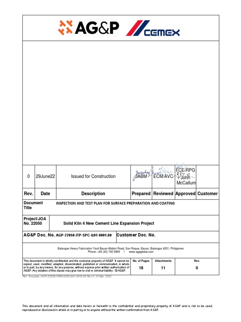 AGP-22050-ITP-SPC-Q01-0001 00 REV 0 ITP For Surface Preparation and Coating | PDF ...