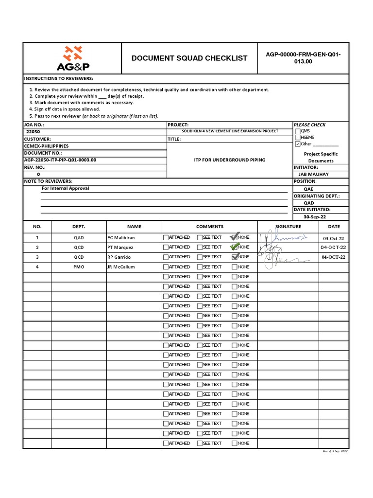 AGP 22050 ITP PIP Q01 0003 00 ITP For Underground Piping Rev 01 Signed Signed Signed Signed | PDF