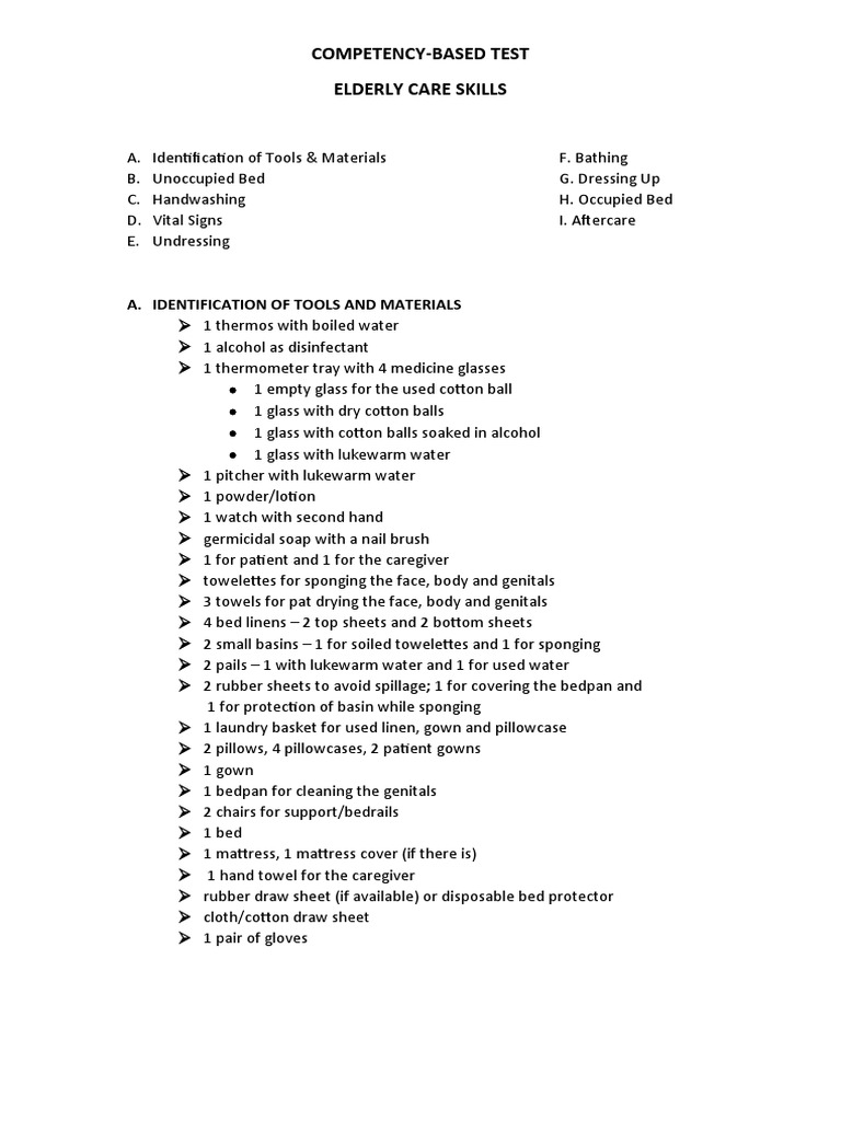 Competency Based Test Elderly Care Skills | PDF | Hand Washing | Bed