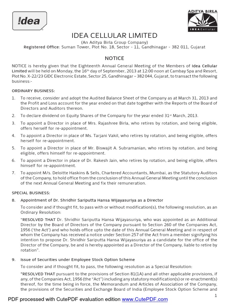 Idea Cellular Limited: Notice | PDF | Employee Stock Option | Stocks