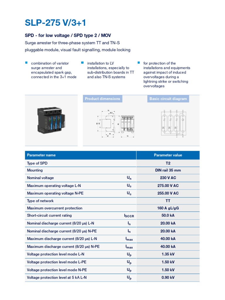 SLP-275 V/3+1 Surge Arrester Specs | PDF | Power (Physics ...