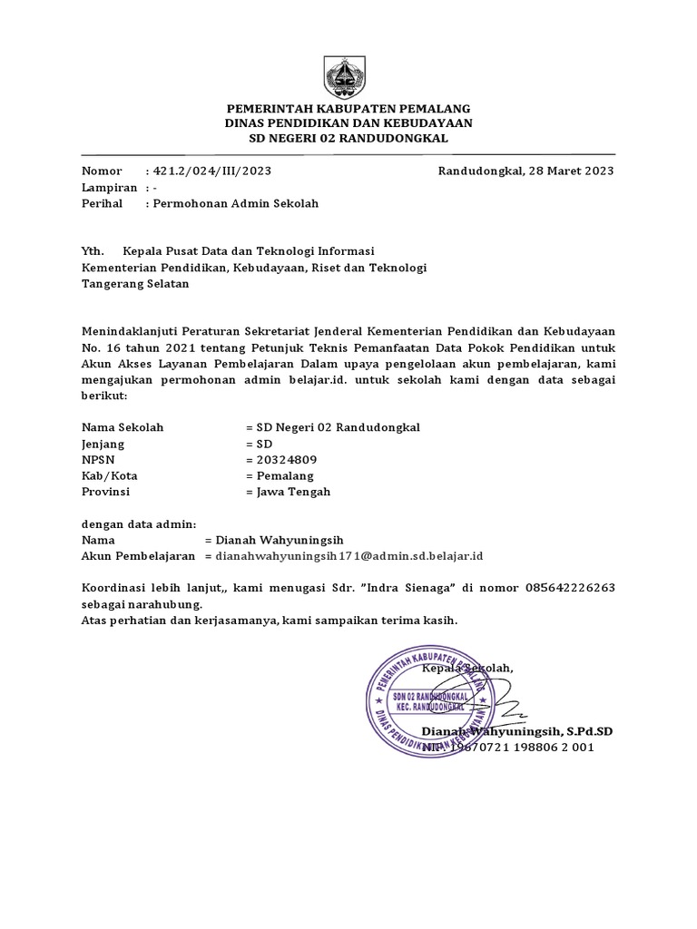 Contoh Surat Permohonan Admin Sekolah | PDF
