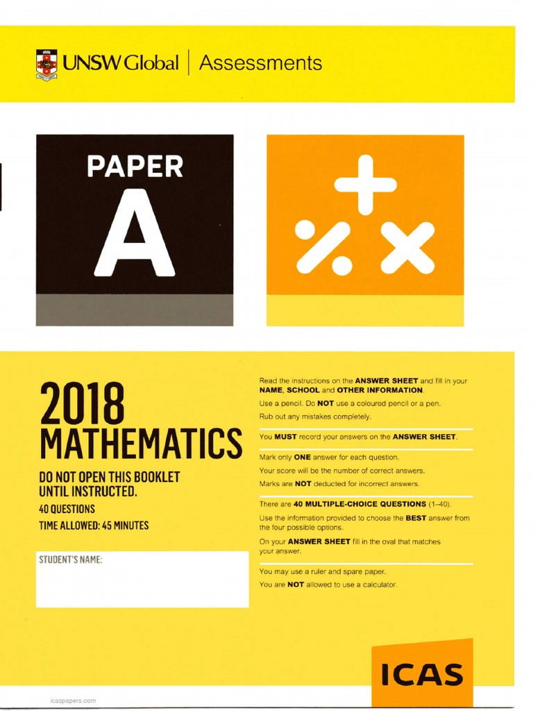 ICAS Test Maths A 2018 | PDF