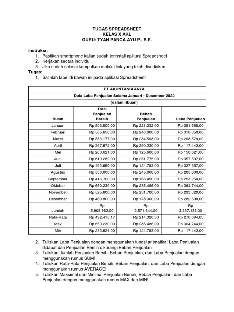 Tugas 1 Spreadsheet Dan Petunjuk | PDF