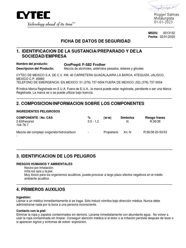 N3.06 MSDS Oreprep F582 - Cytec (01 - 2020) | PDF | Agua | Ciencias fisicas