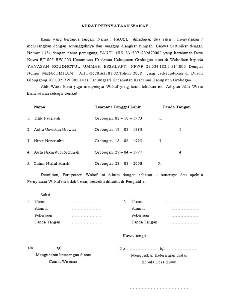Surat Pernyataan Wakaf | PDF