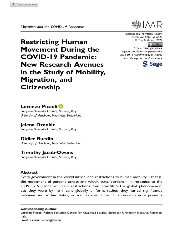 Piccoli Et Al 2022 Restricting Human Movement During The Covid 19 ...
